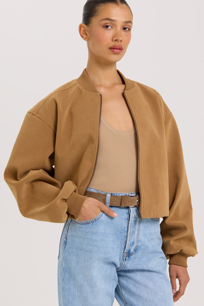 Mara Bomber | Tan Suede Bomber Jacket | Henne