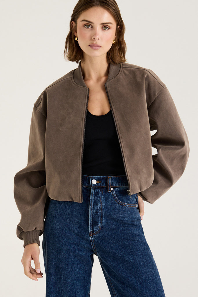 Mara Bomber | Brown Suede Bomber Jacket | Henne